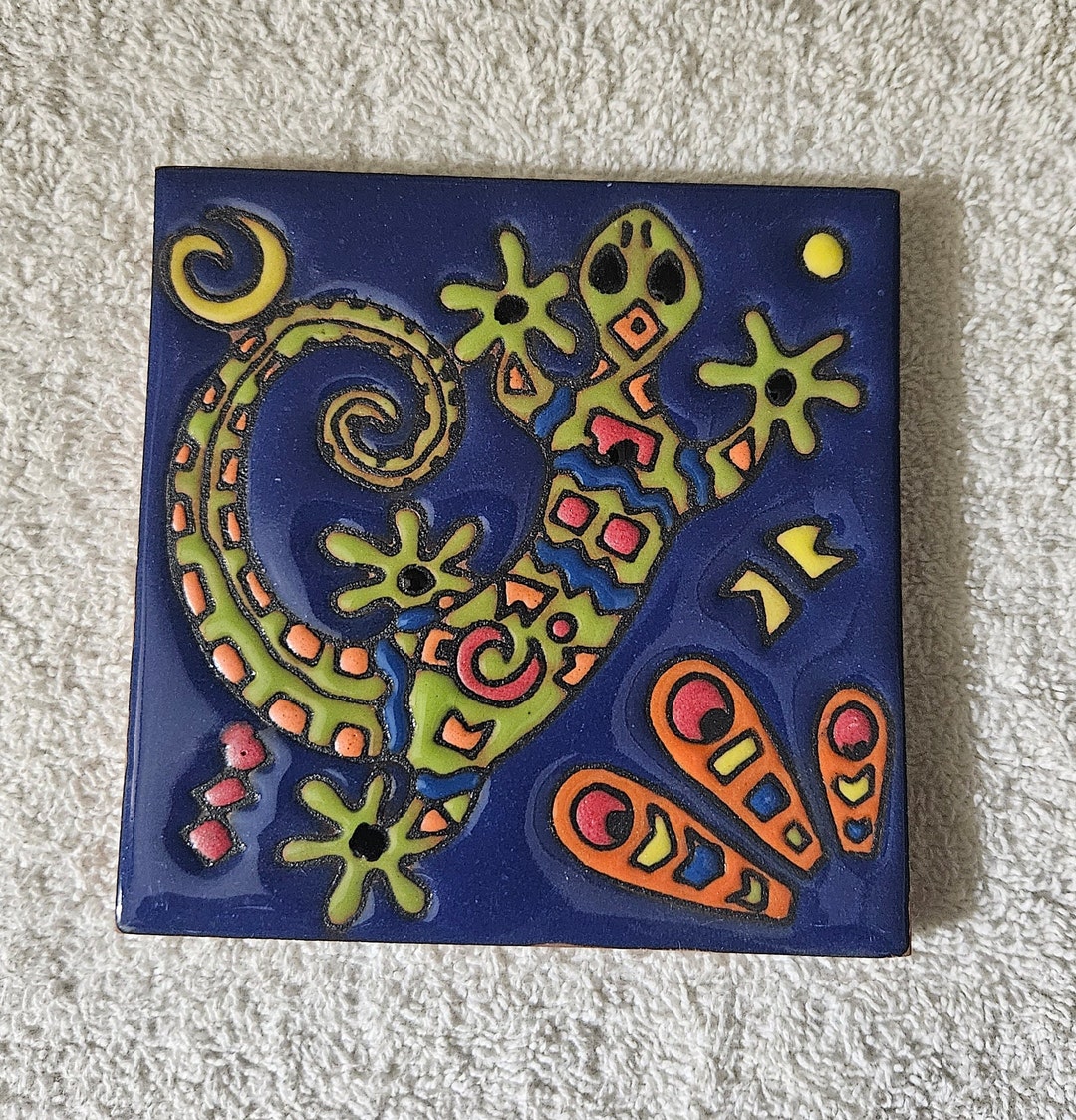Glossy Raised Texture blue Green Lizard Mexican Talavera Ceramic Tiles ...