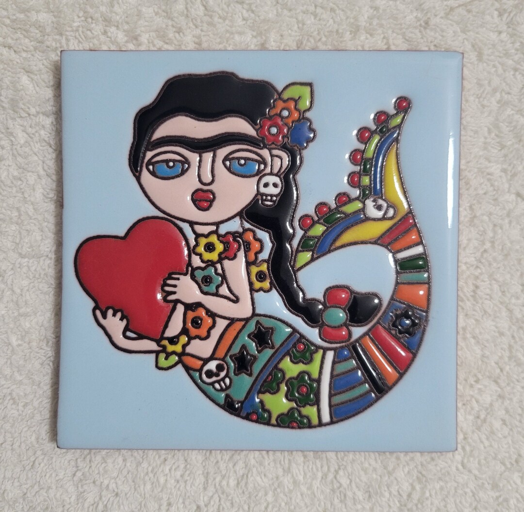 Glossy High Relief "blue Frida Kahlo Mermaid Heart" Mexican Talavera ...
