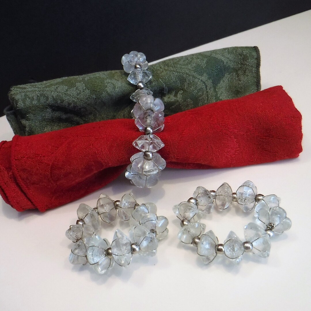Retro Glass Bead Napkin Rings Set of 4, Glass Napkin Rings, Clear Glass ...