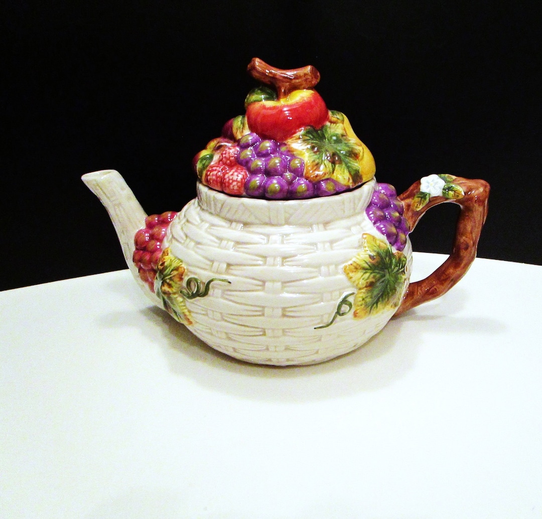 Fruit Teapot: Large Colorful Porcelain Basket Weave, Vintage Condition ...