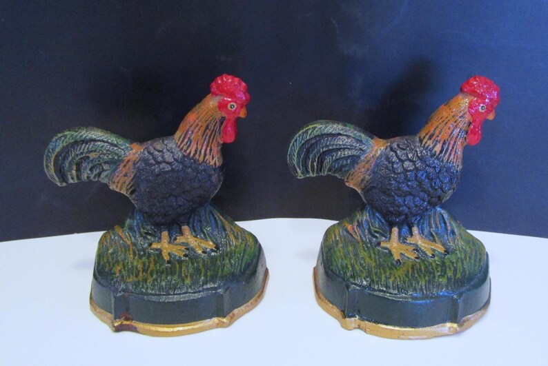 Vintage Cast Iron Rooster Bookends, Set of Two Cast Iron Roosters Door ...