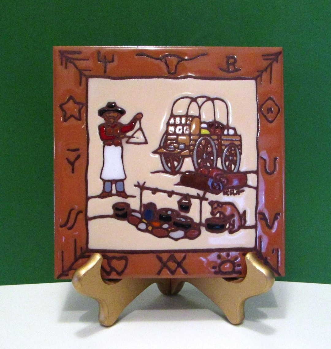 Hand-painted Terracotta Tile: Cowboy Chuck Wagon, Western Decor (6x6 In ...