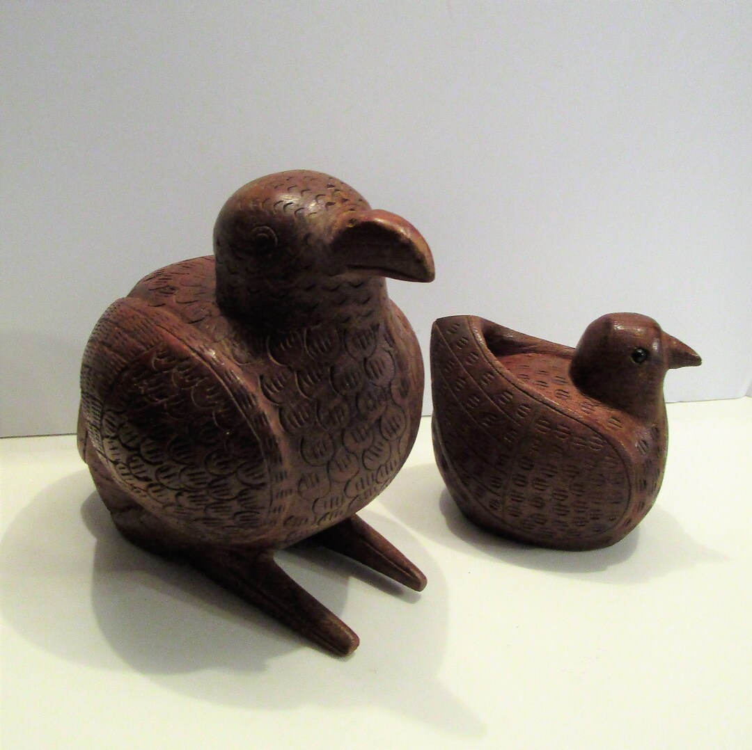 Folk Art Wood Carved Stash Birds, Carved Birds With Secret Key Stash ...