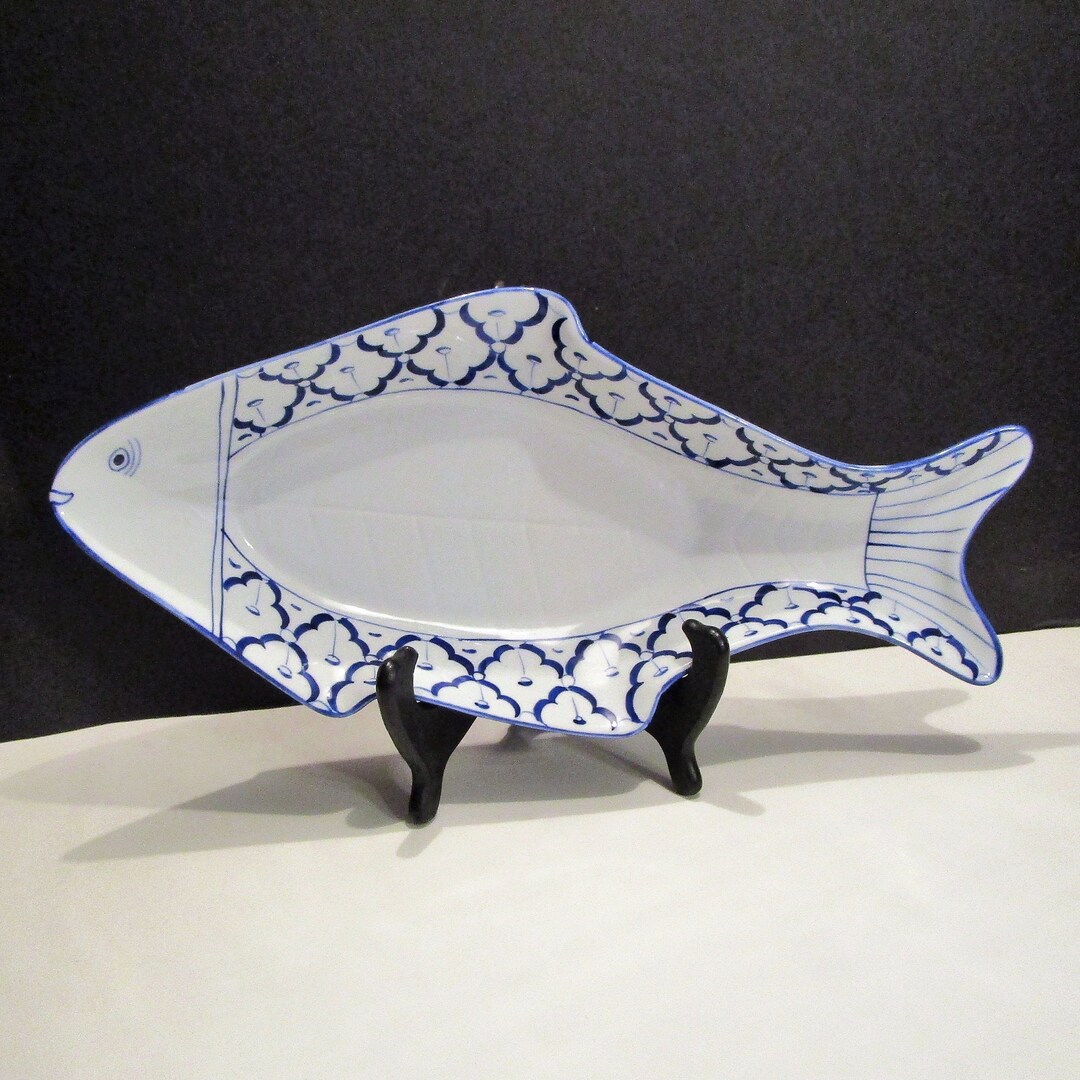 Vtg Fish Shaped Platter Blue White King of Ceramics USA - Etsy