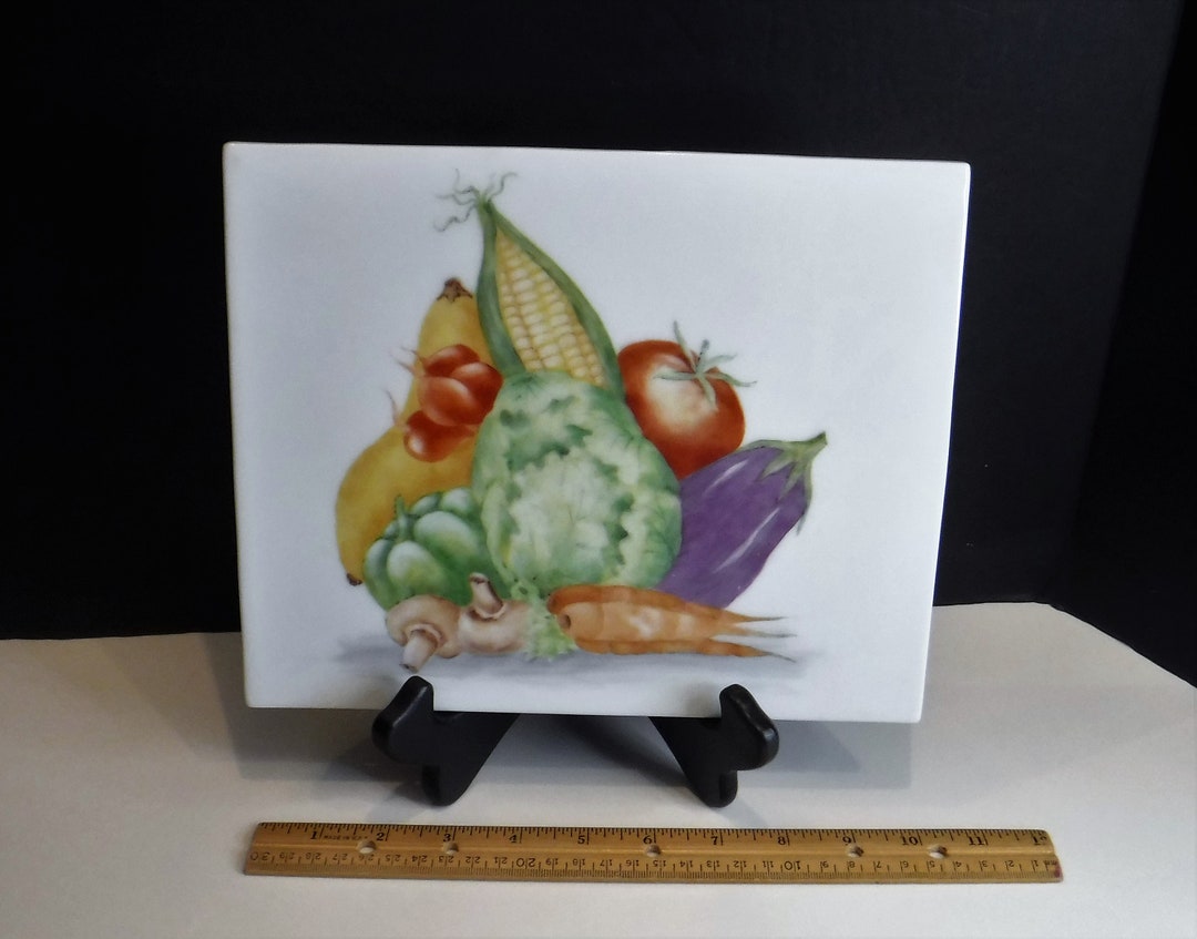 Porcelain Tile Trivet, Antique Large Painted Tile Vegetable Motif, Hand ...
