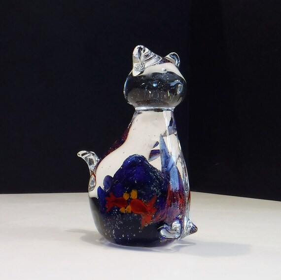 Office Paperweights Murano Style Fish Scene Cat Glass Cat and Fish ...