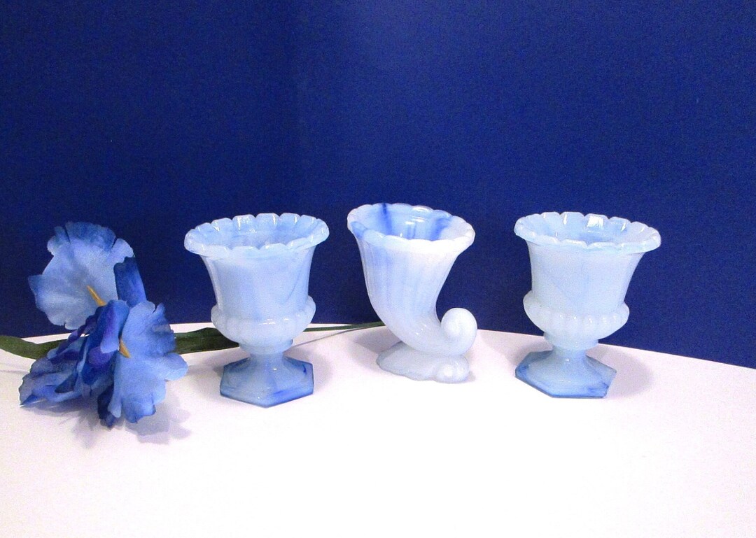Akro Slag Glass Vase, Vintage Set of 3 Blue Slag Glass Cornucopia ...