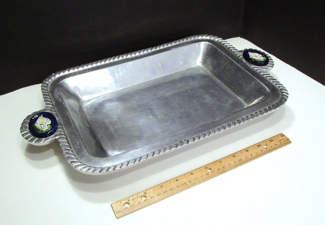 Vintage Pewter Tray With Ceramic Lily Application on Handles, Heavy ...