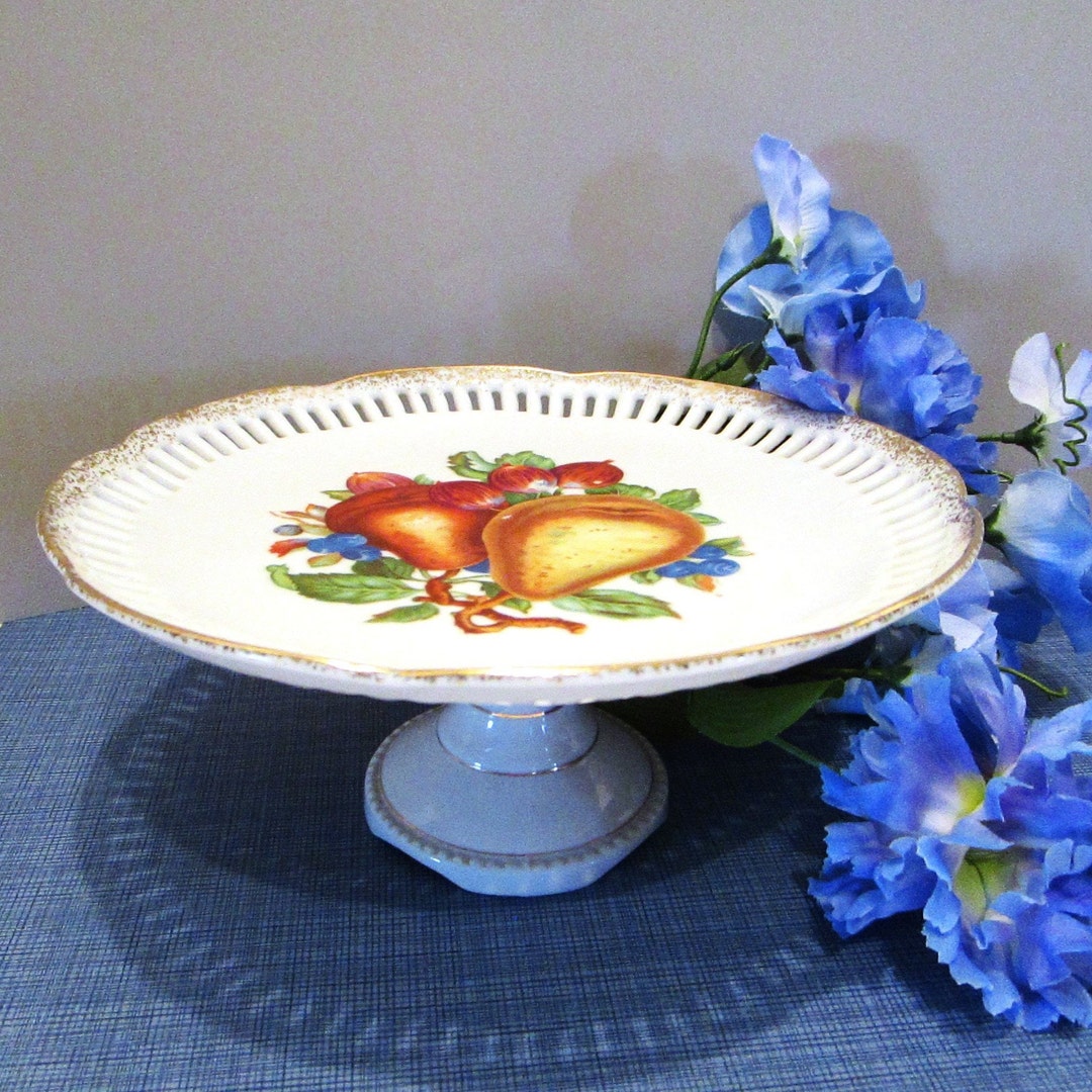 Vintage Pedestal Cake Plate, Vintage Relco Porcelain Fruit Design ...