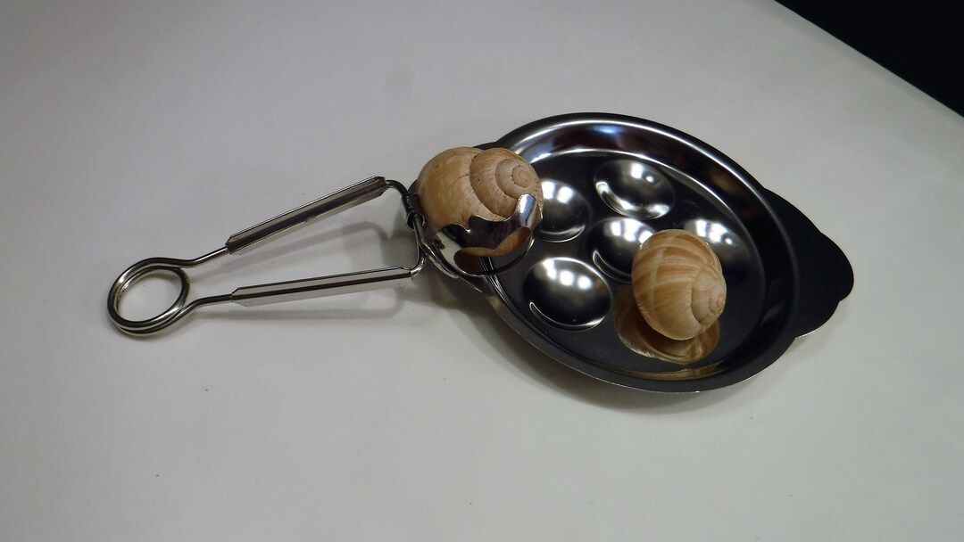 Vintage French Escargot Tray Set: Stainless Steel Snail Dish & Tongs ...