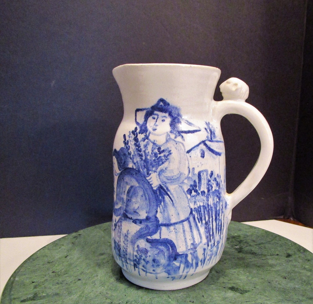 Asian Pottery Pitcher, Hand Thrown Pottery Pitcher Blue & White, Ladies ...