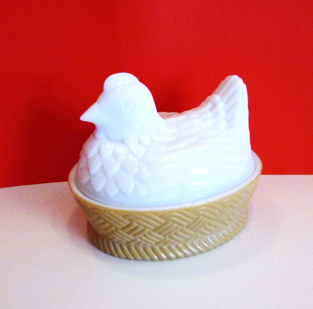 Milk Glass Hen on a Nest Avon, Milk Glass Chicken White Tan 1973 Candy ...