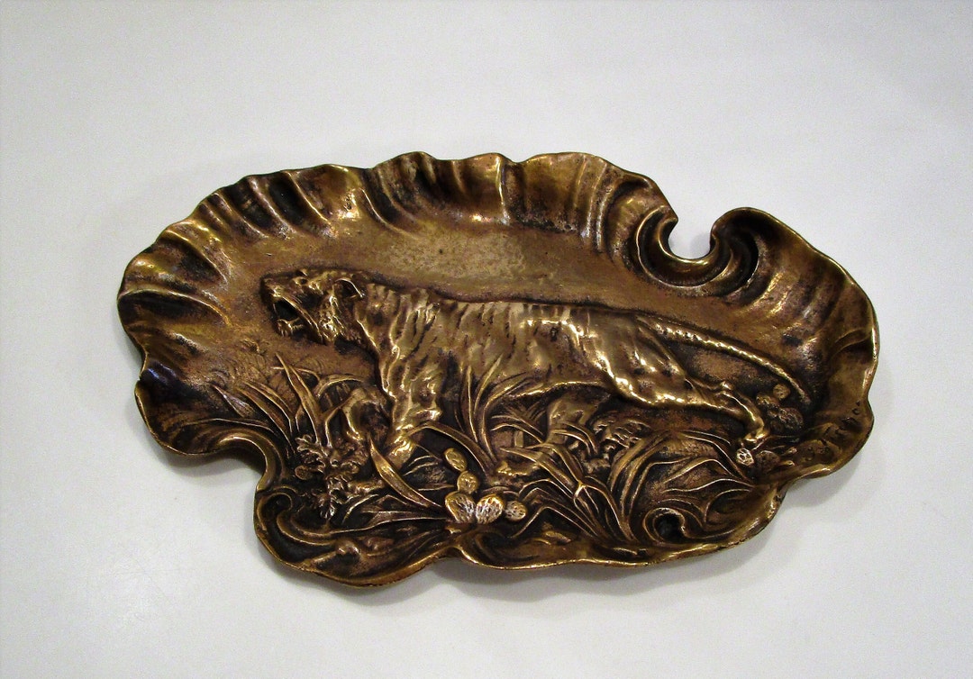 Art Deco Hunting Prowling Tiger Big Cat Bronze Tray J Fischer, Bronze ...