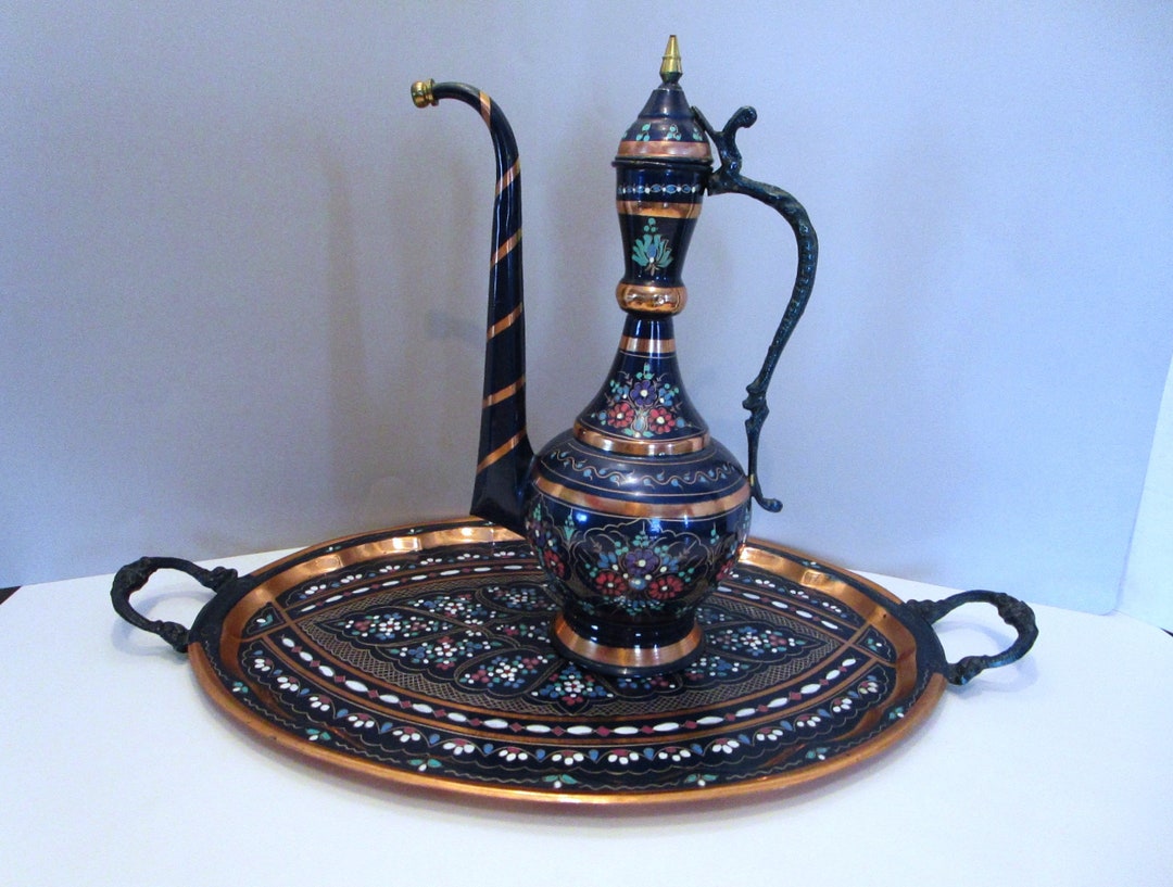 Turkish Teapot and Tray, Vintage Turkish Etched and Painted Teapot With ...
