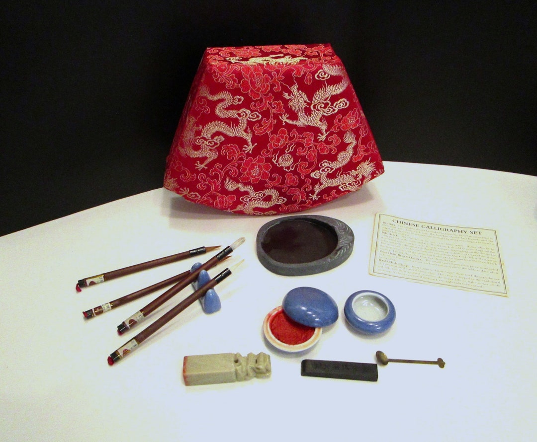 Vtg Chinese Calligraphy Set, Vintage Chinese Calligraphy Set With ...