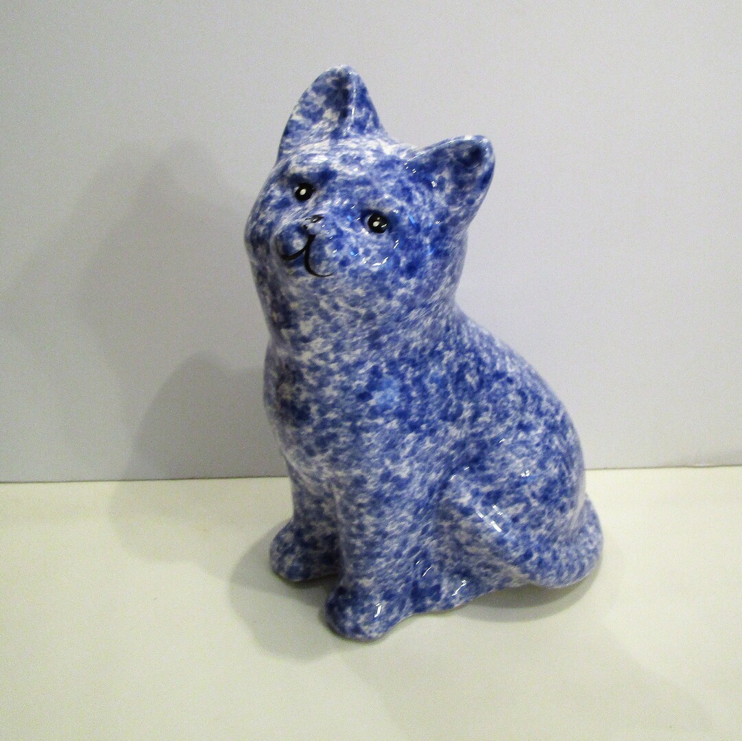 Blue Cat Figurine Statue, Cat Lover Gift, Blue White Cat Statue 7 1/2 ...