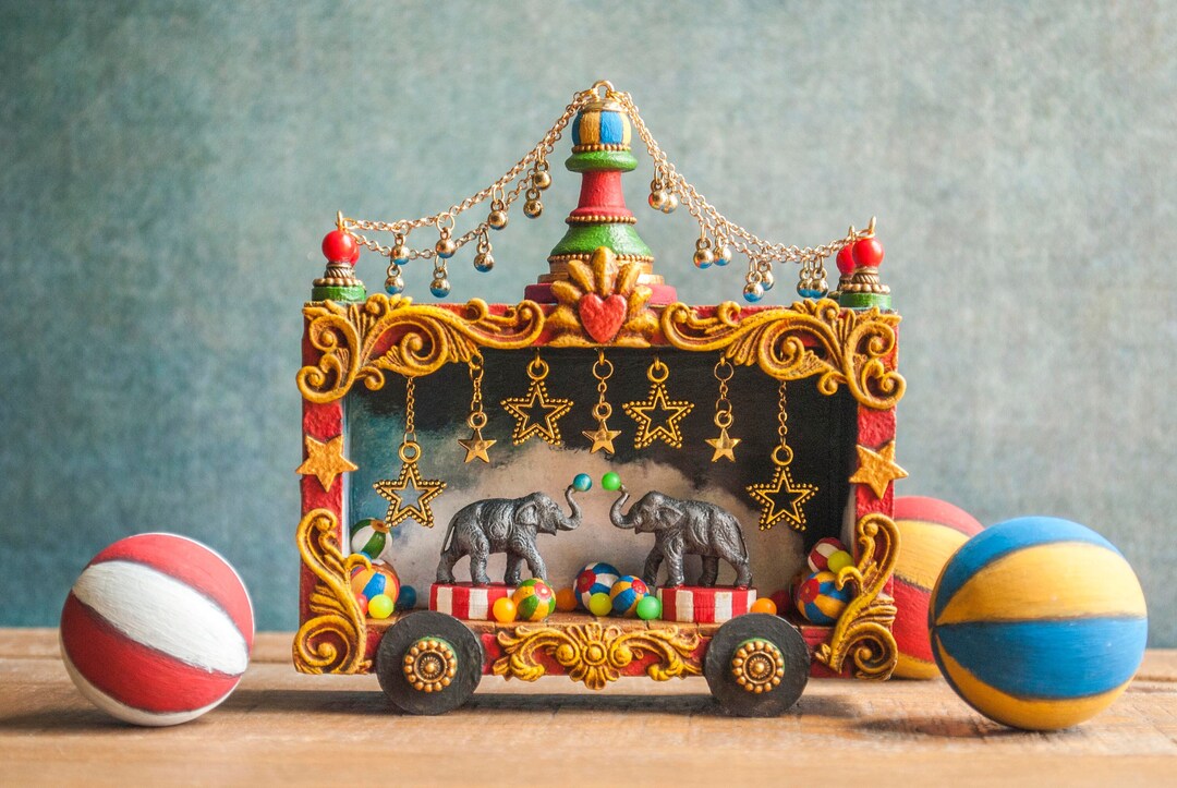 Shadowbox Diorama, Circus Shadow Box, Miniature Elephant, OOAK, Altered ...