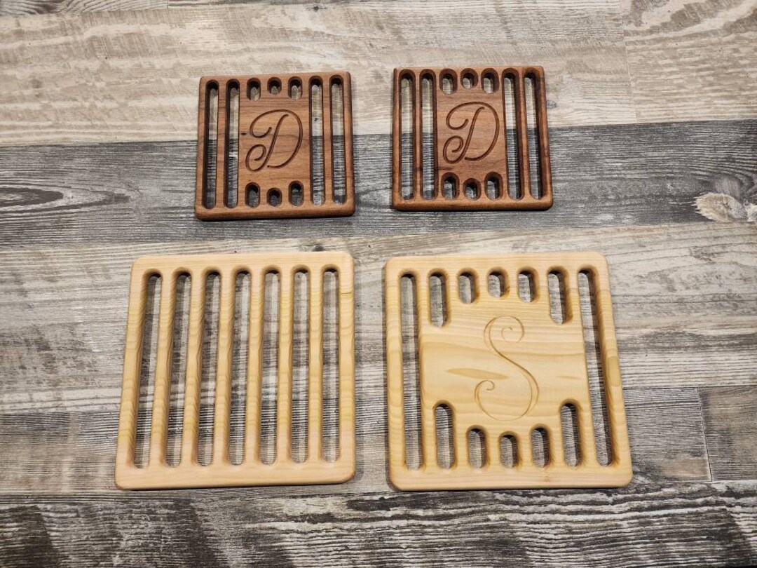 2PC Monogrammed Hardwood Trivets, Personalized Solid Hardwood, Kitchen ...