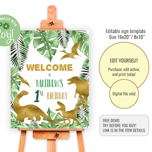 Dinosaur Welcome Sign, Editable Template, Welcome Poster, Gold Dinosaur ...