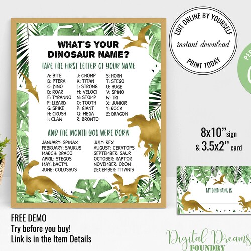 What's Your Dinosaur Name Game. INSTANT DOWNLOAD Instant - Etsy