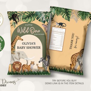 Boho Safari Chip Bag Wrapper, Editable Jungle Animals Bag Wrapper ...