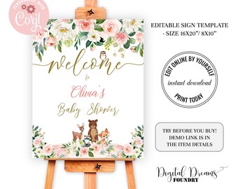 Woodland Animals Welcome Baby Shower Sign Editable Template | Etsy