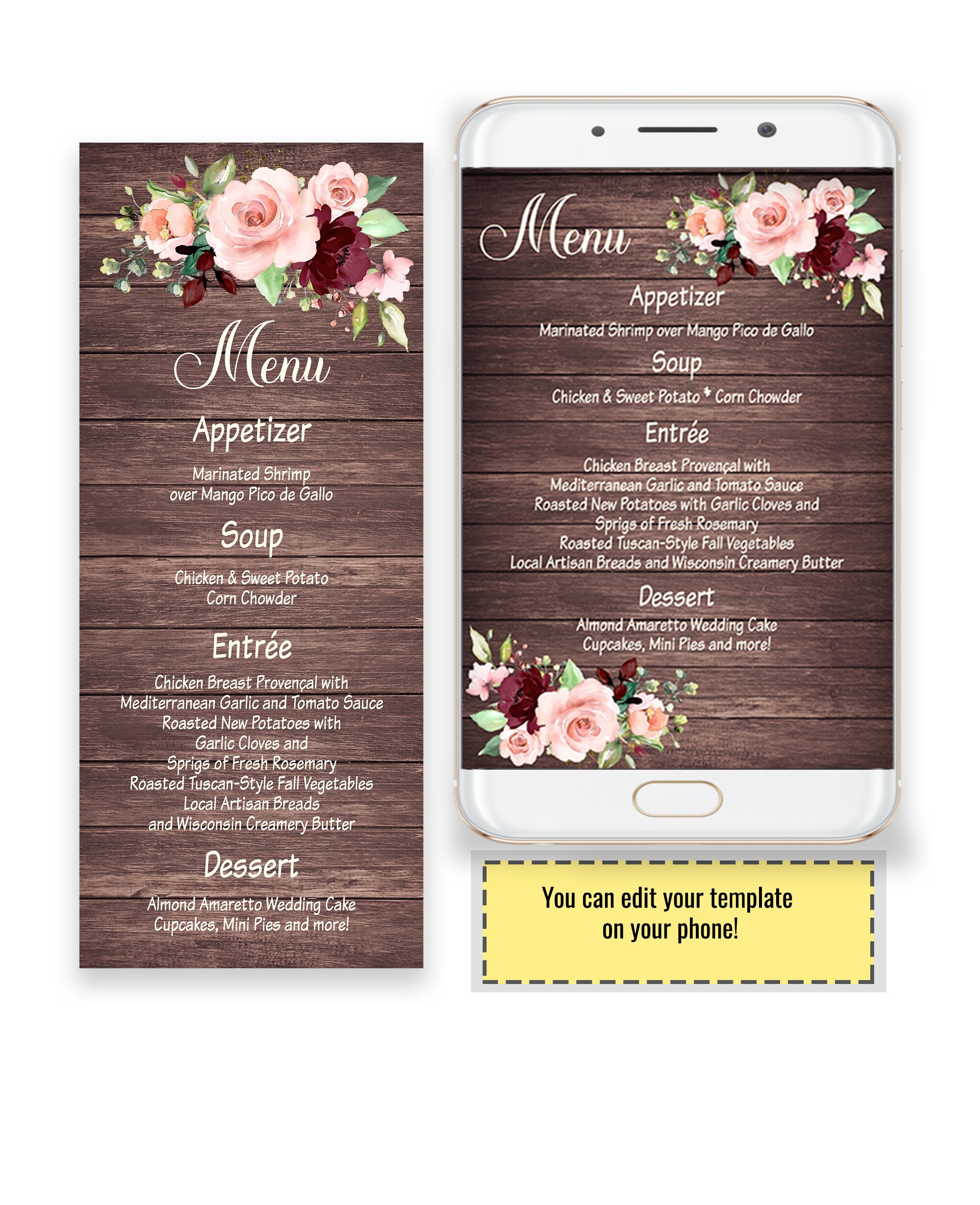 Editable Template Rustic Menu Card Wedding Table Decoration - Etsy