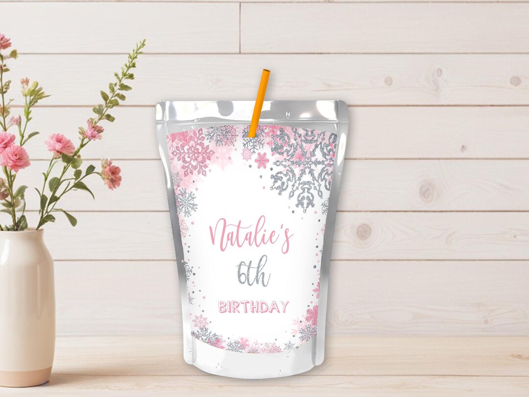 Editable Silver Pink Snowflake Juice Label, Winter Wonderland Juice ...