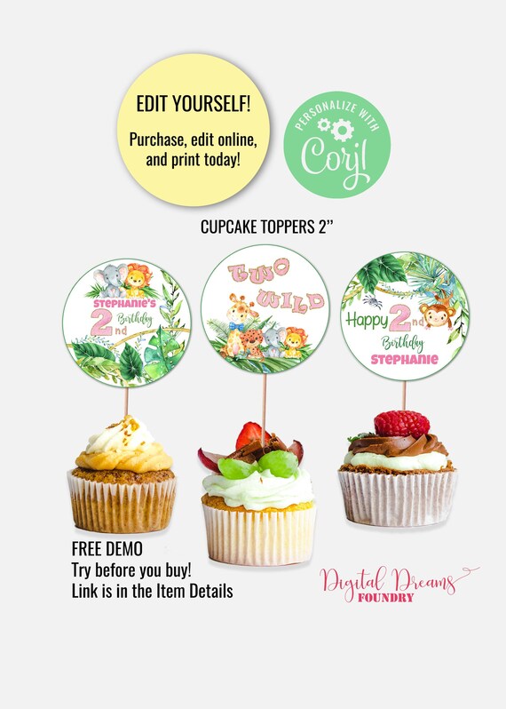Safari Cupcake Toppers Editable Template 2nd Birthday | Etsy