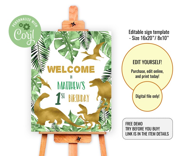 Dinosaur Welcome Sign Editable Template Welcome Poster Gold | Etsy