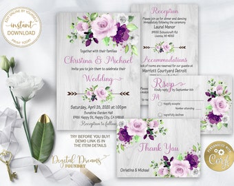 Rustic Purple Floral Wedding Invitation Editable Template | Etsy