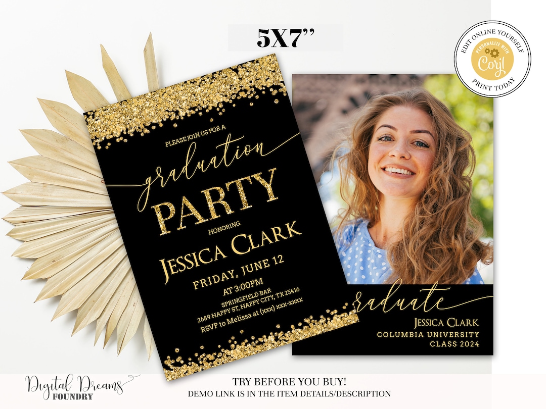 Editable Minimalist Gold Glitter Effect Graduation Party Invitation ...