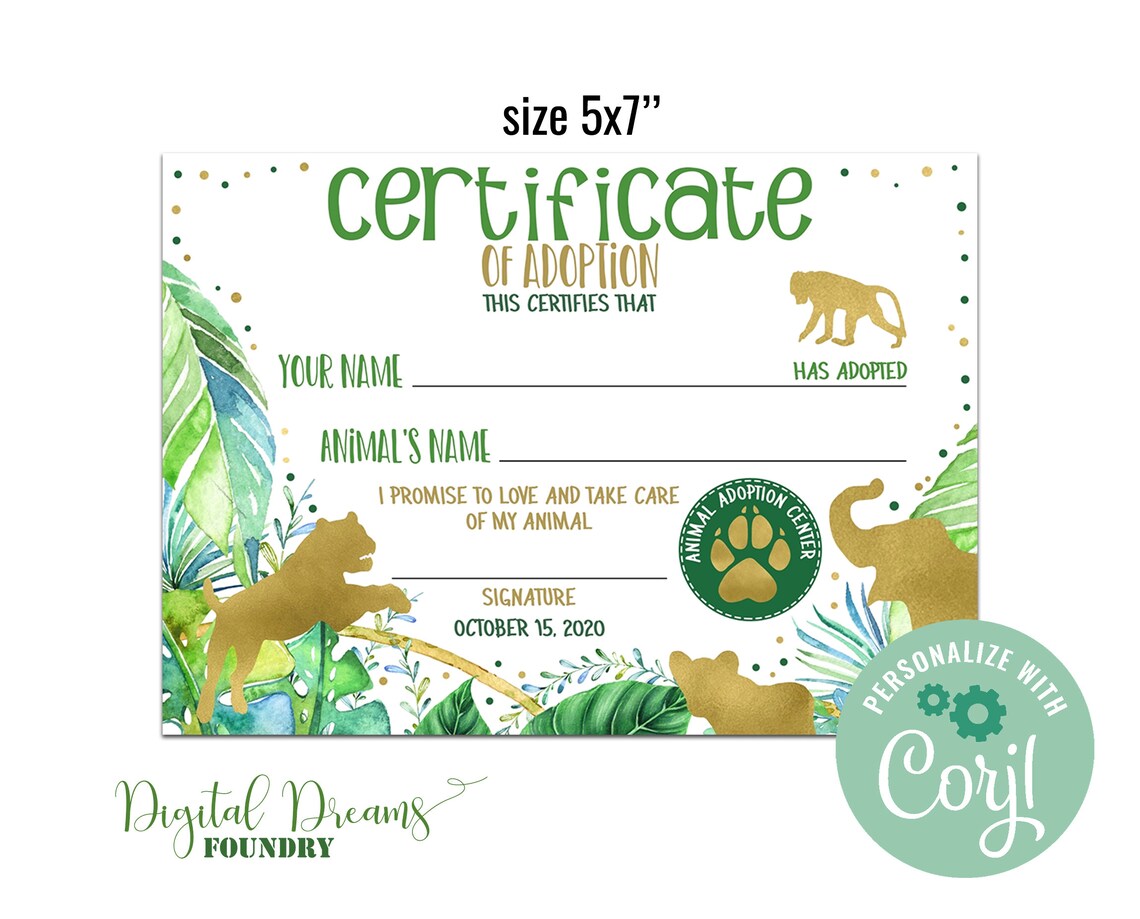Adopt an Animal Birthday Sign Safari Animals Certificate of | Etsy