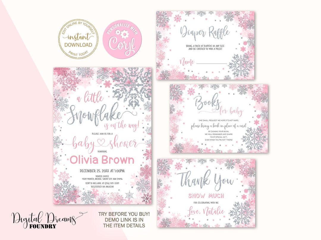 Editable Pink Snowflake Baby Shower Invitation Set, Winter Snowflake ...