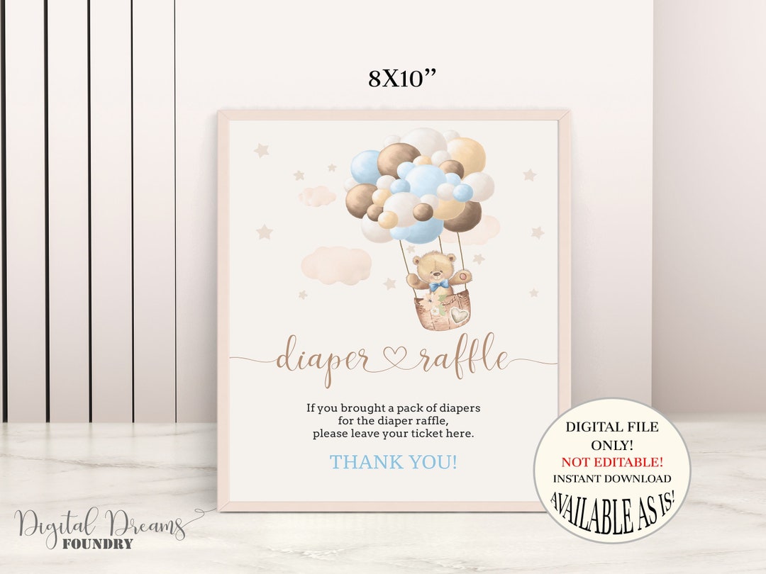 Bear Hot Air Balloon Diaper Raffle Sign, Boho Teddy Bear With Balloons ...