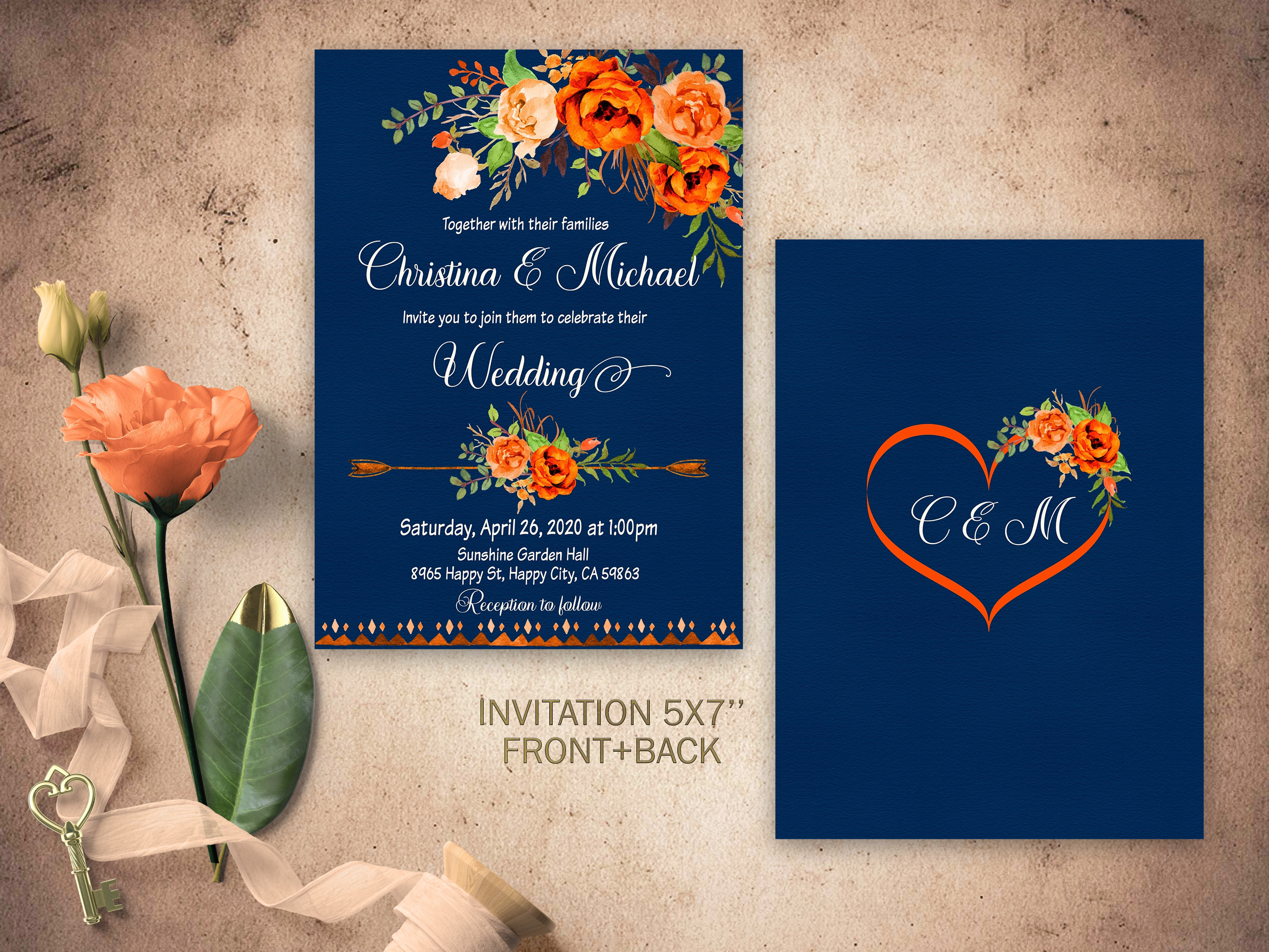 Navy Blue Wedding Invitation Editable Template Orange Floral - Etsy