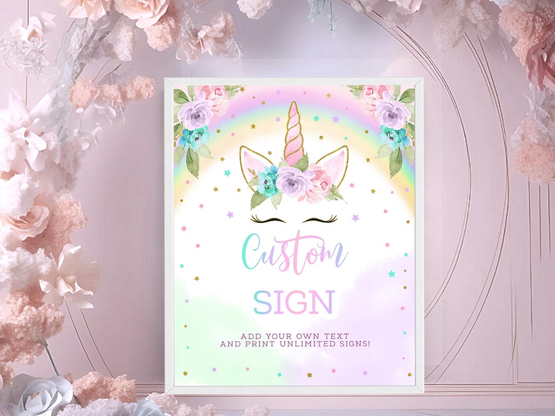 Editable Rainbow Unicorn Custom Sign, Printable Pastel Unicorn ...