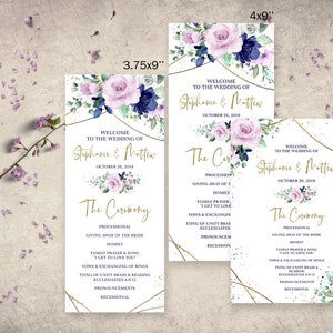 Editable Purple Floral Wedding Program Lavender Navy Blue & - Etsy