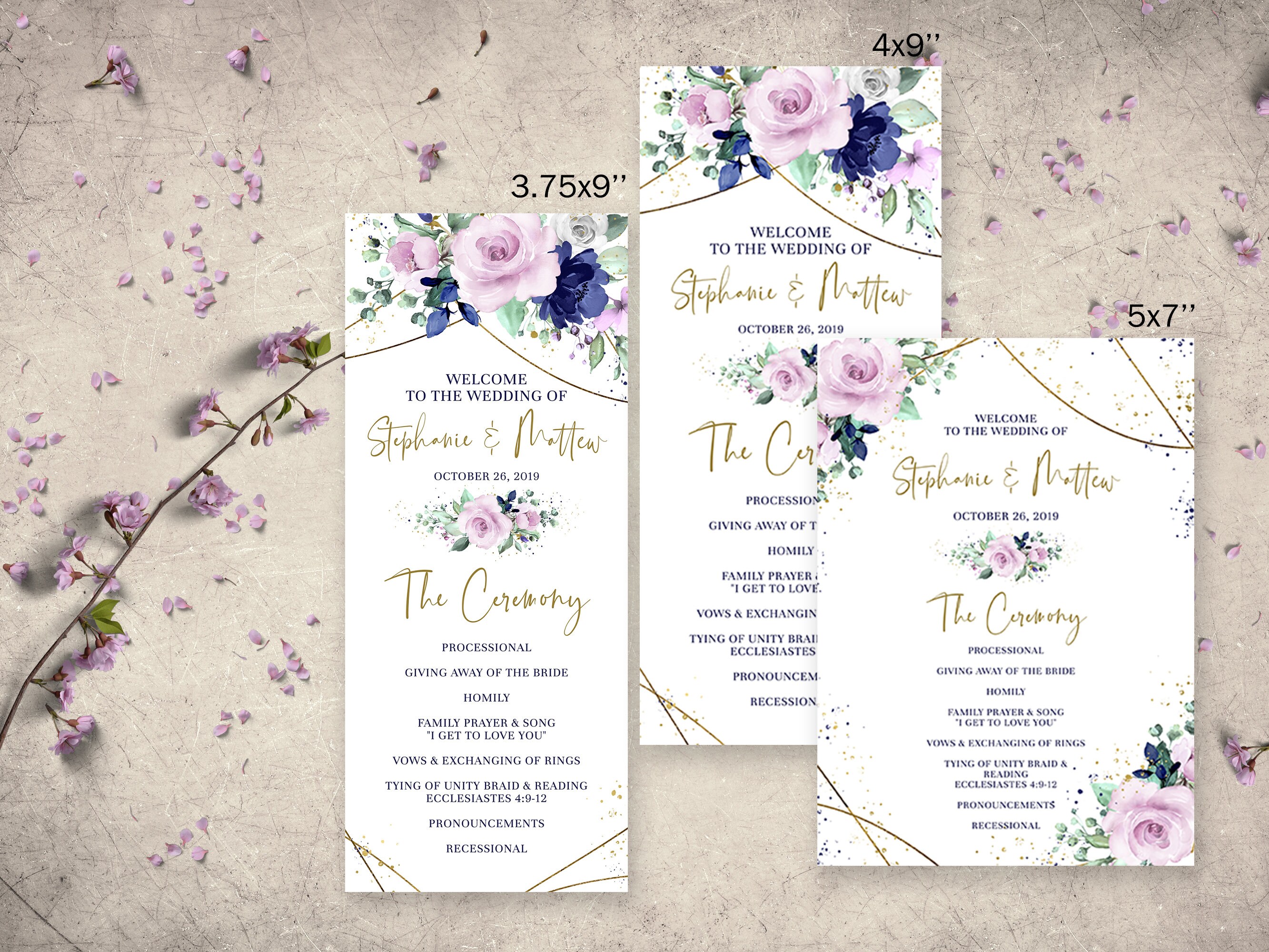 Editable Purple Floral Wedding Program Lavender Navy Blue & | Etsy