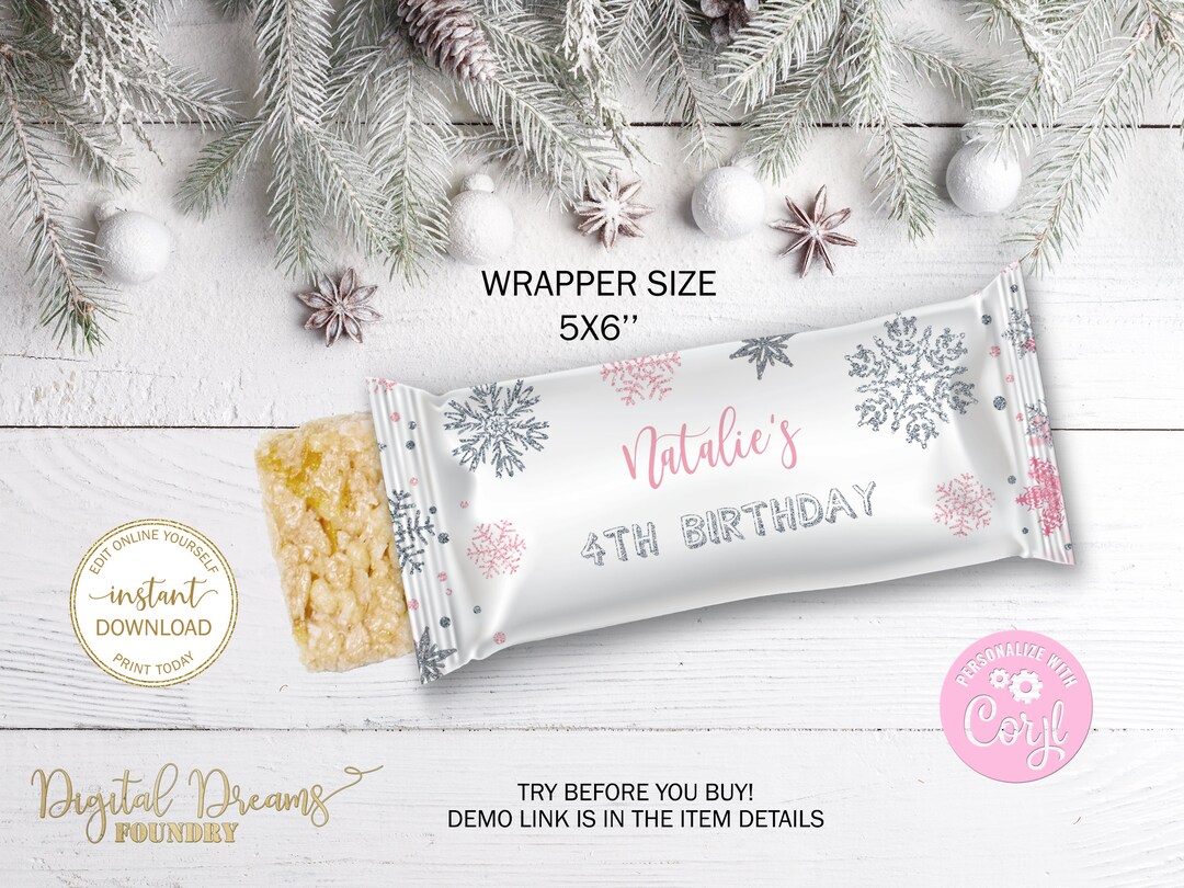 Editable Silver & Pink Snowflake Rice Krispie Wrapper, Printable Winter ...