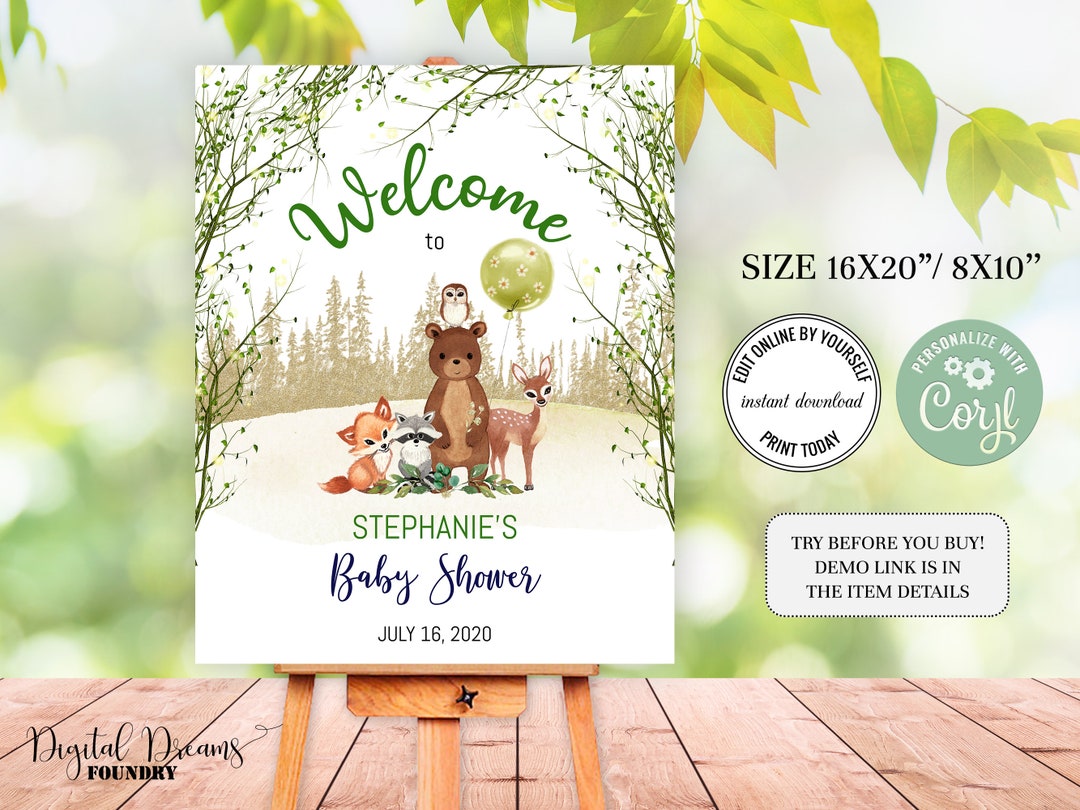 Woodland Animals Welcome Baby Shower Sign, Editable Template, Woodland ...