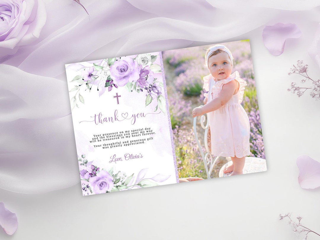 Editable Baptism Photo Thank You Card, Purple Floral Baptism Thank You ...