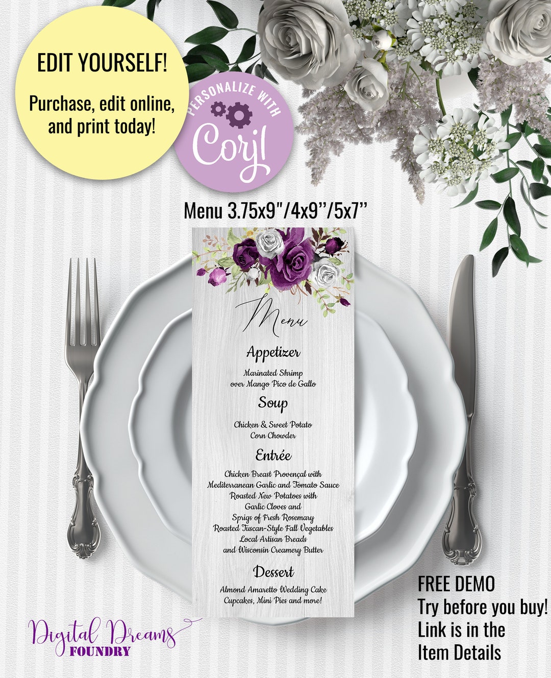 Editable Template Menu Card Purple Floral Table Decoration Printable ...