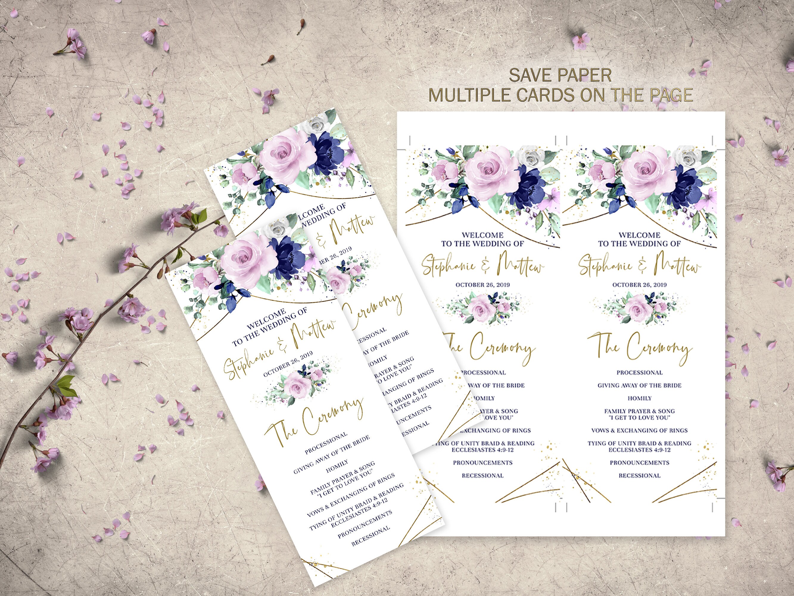 Editable Purple Floral Wedding Program Lavender Navy Blue & | Etsy