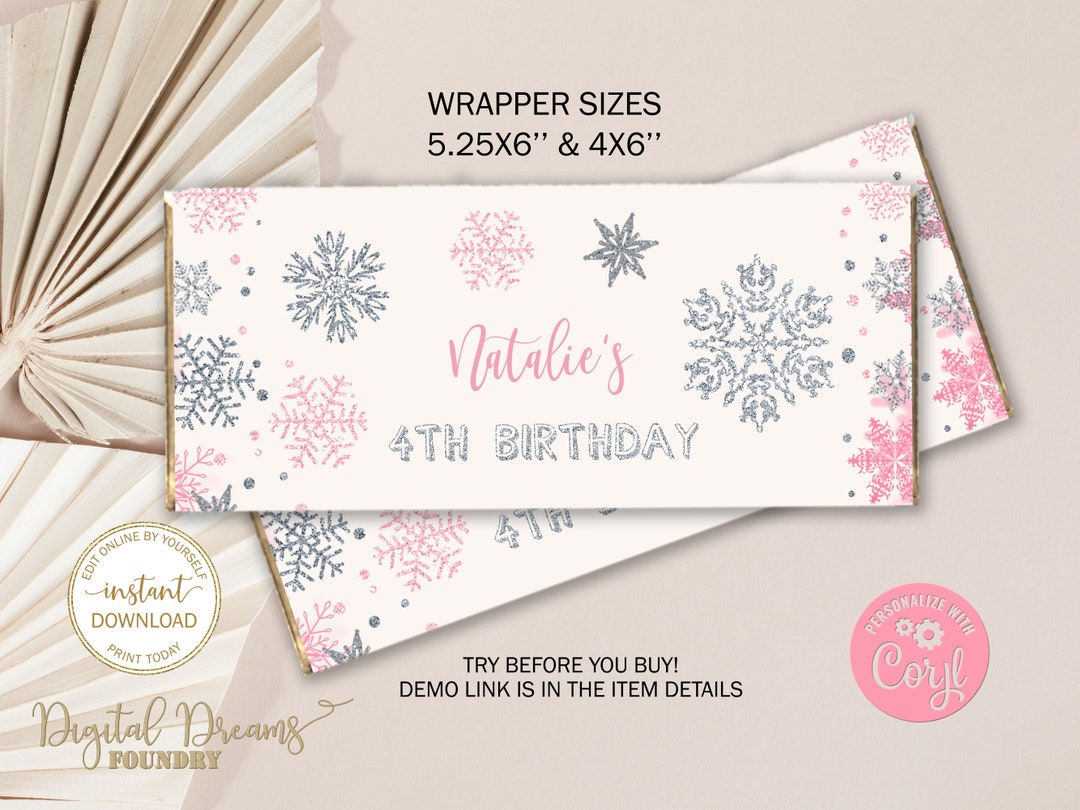 Editable Silver & Pink Snowflake Chocolate Bar Wrapper, Winter ...