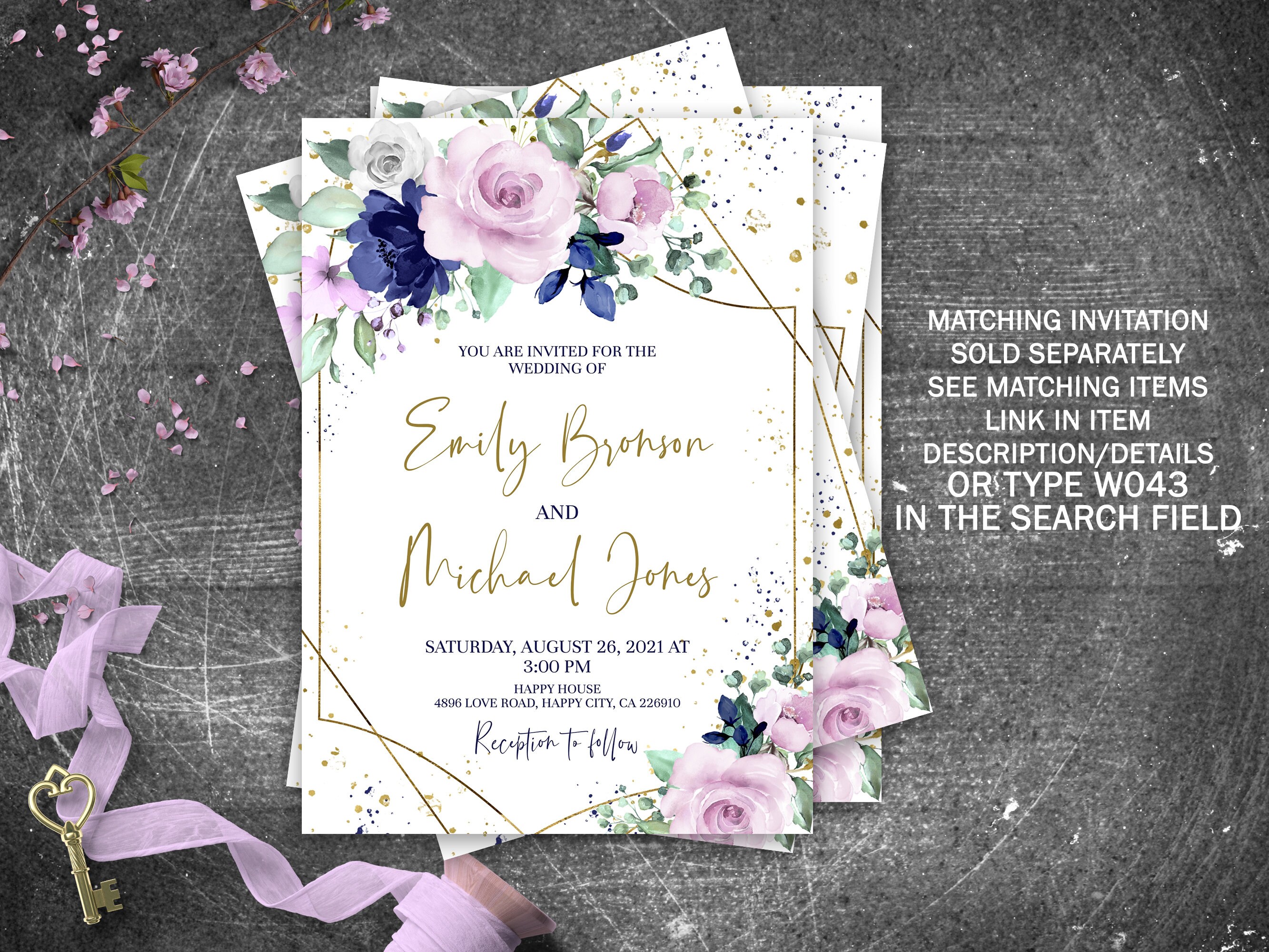 Editable Purple Floral Wedding Program Lavender Navy Blue & | Etsy