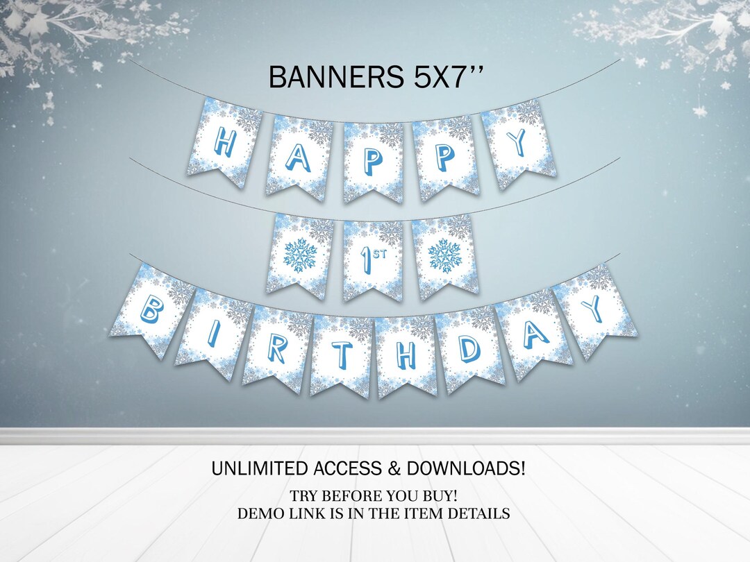 Editable Blue Snowflakes Happy Birthday Banner, Winter Any Age Birthday ...