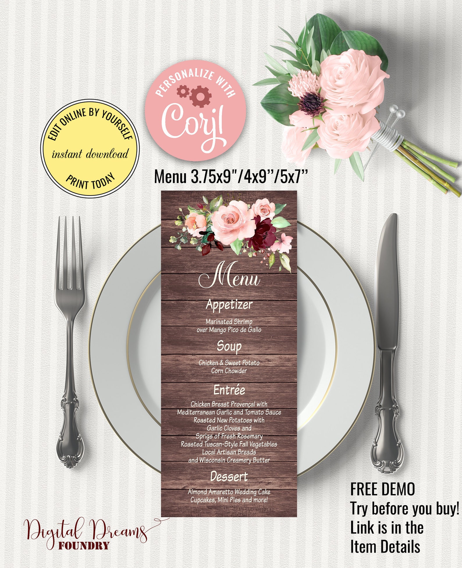 Editable Template Rustic Menu Card Wedding Table Decoration | Etsy