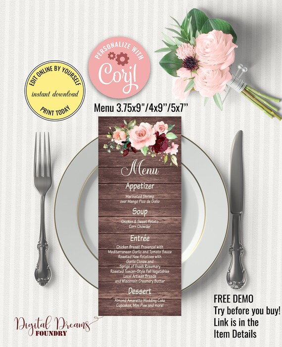 Editable Template Rustic Menu Card Wedding Table Decoration | Etsy