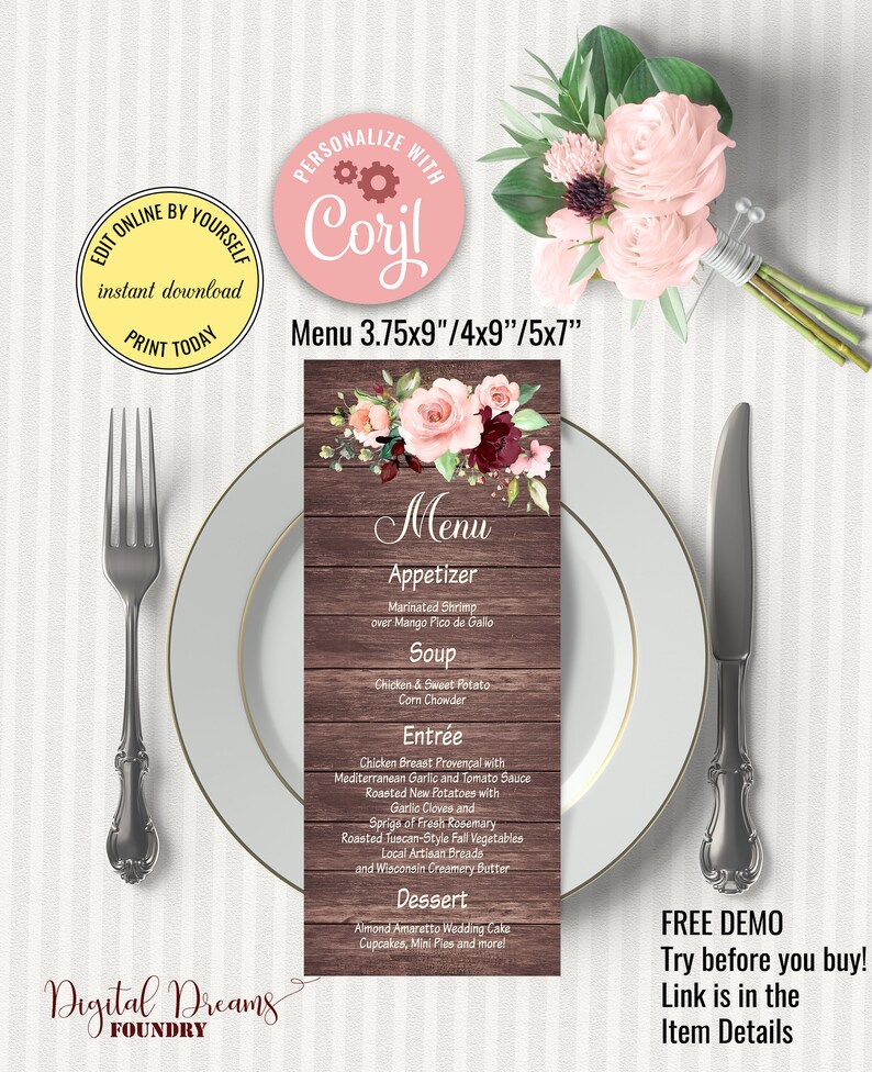 Editable Template Rustic Menu Card Wedding Table Decoration | Etsy